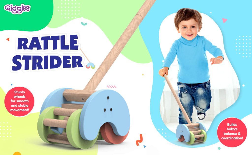 RATTLE STRIDER - WOODEN PUSH ALONG - Funskool
