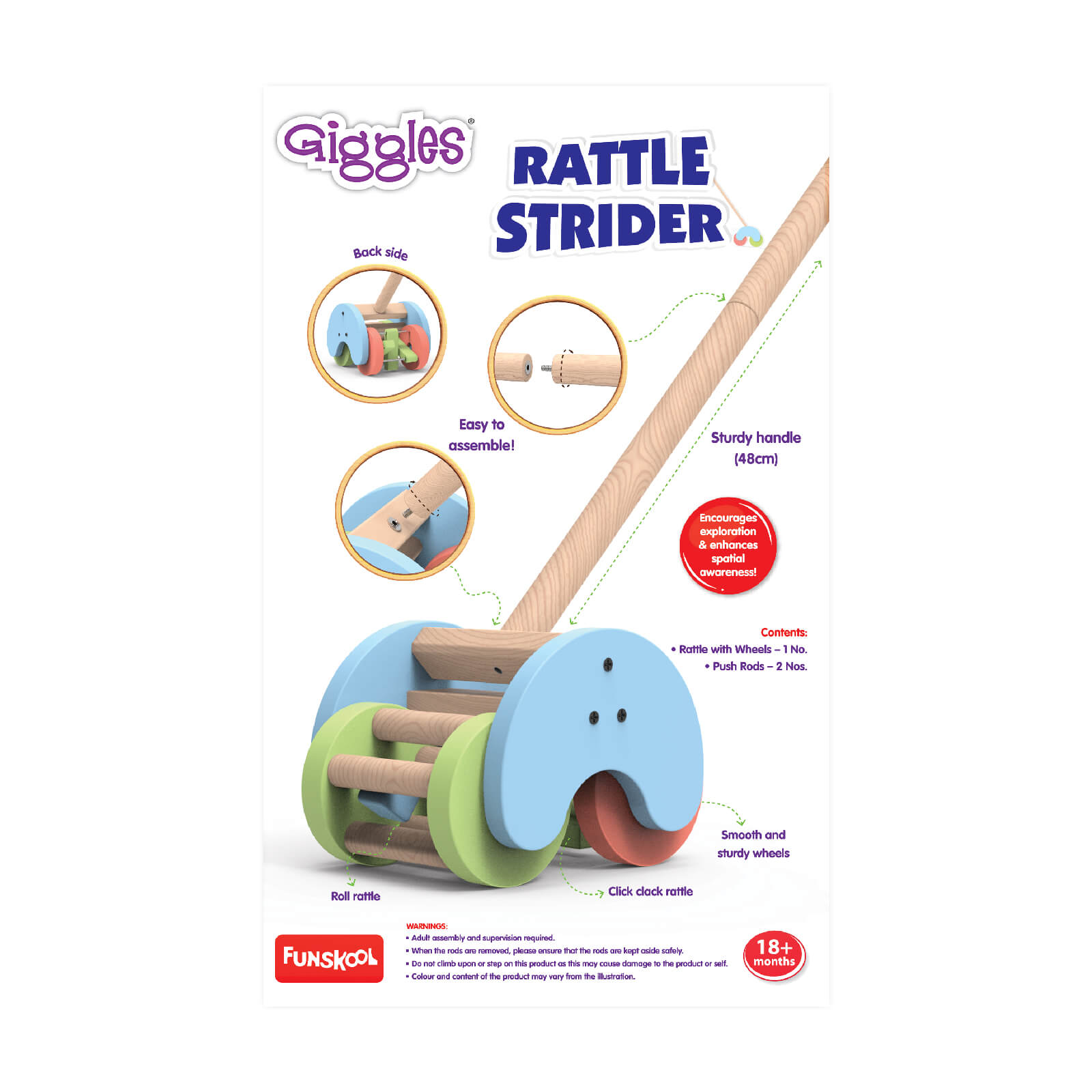 RATTLE STRIDER - WOODEN PUSH ALONG - Funskool